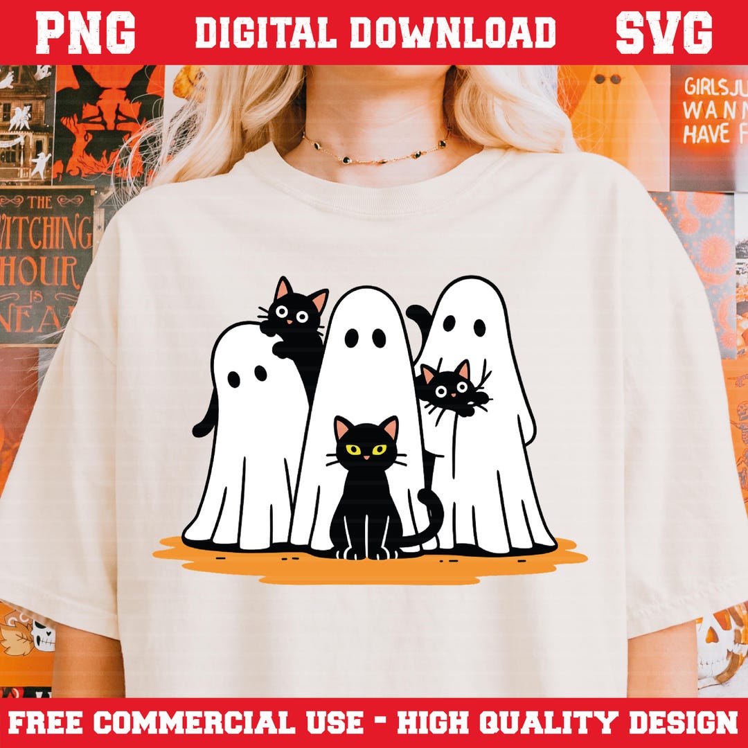 Cute Ghost Cats Halloween SVG PNG – Spooky Cat Digital Download, Black ...
