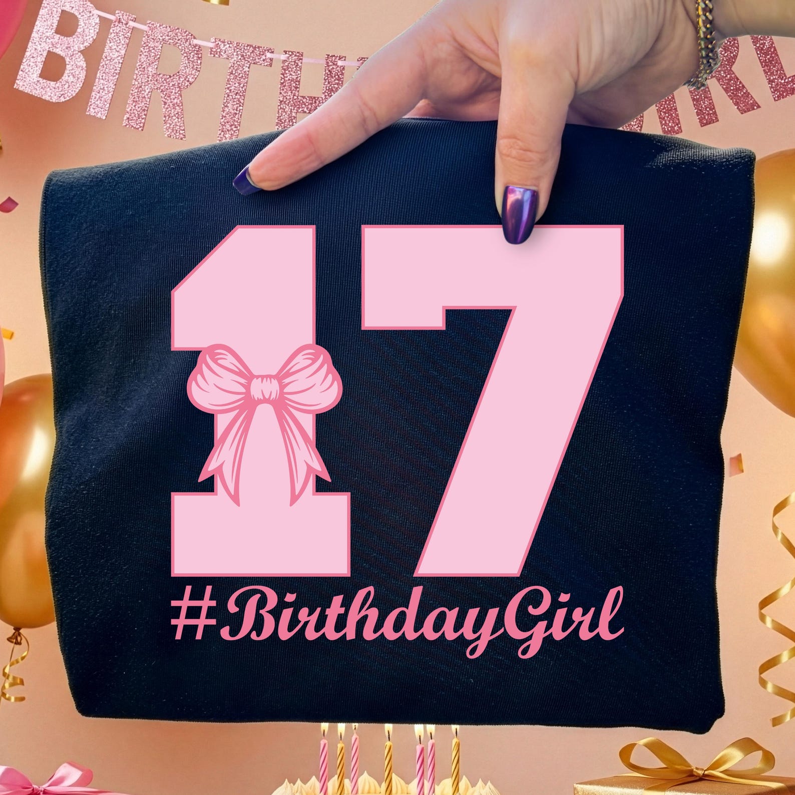 17th Birthday Girl Bow Design: Pink Coquette Number Seventeen PNG SVG ...