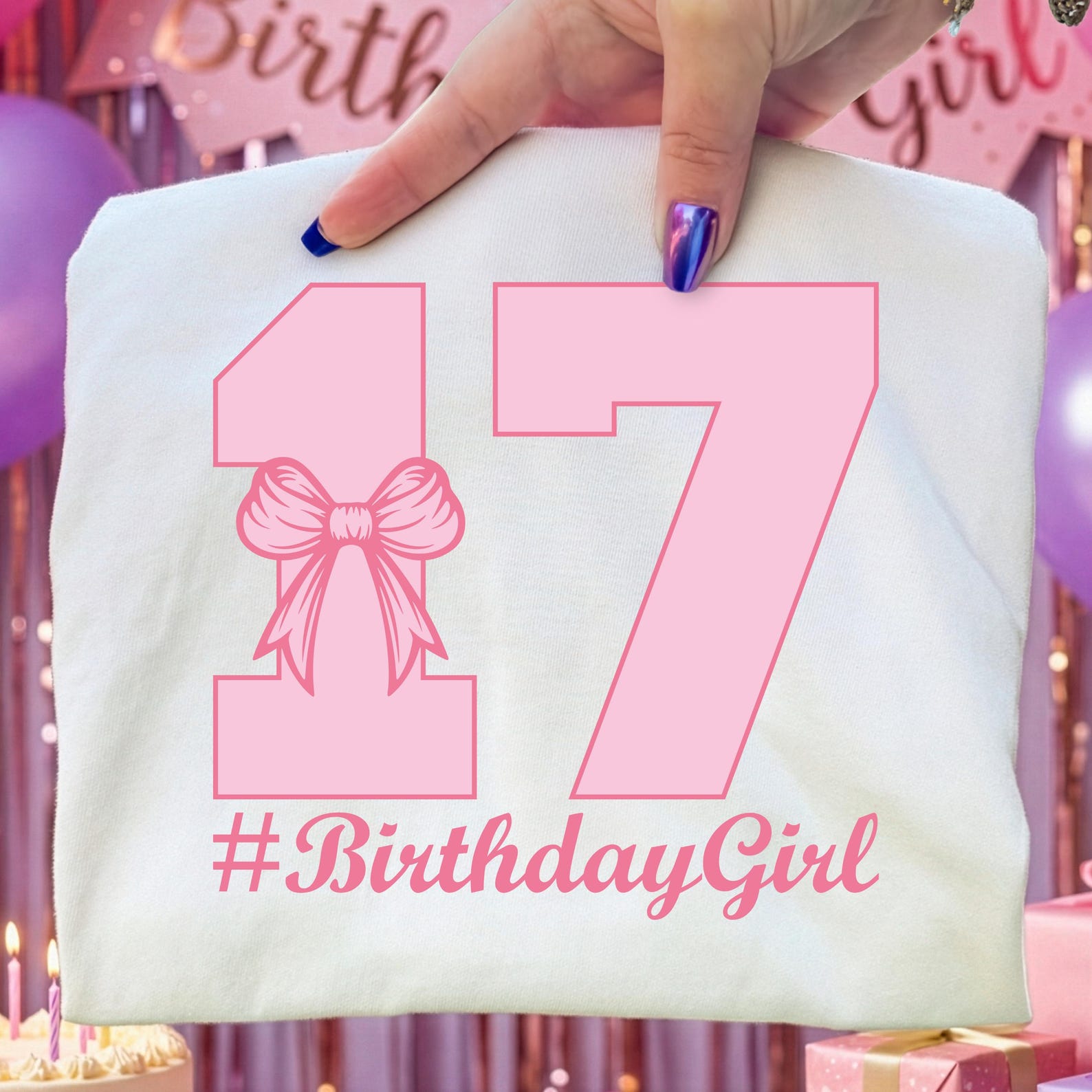 17th Birthday Girl Bow Design: Pink Coquette Number Seventeen PNG SVG ...