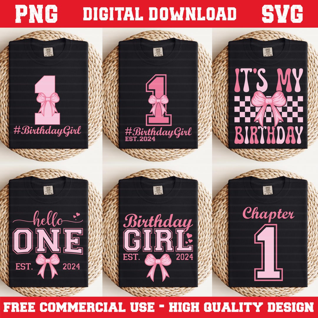 First Birthday Girl SVG Bundle: Pink Bow Shirt Designs (digital ...