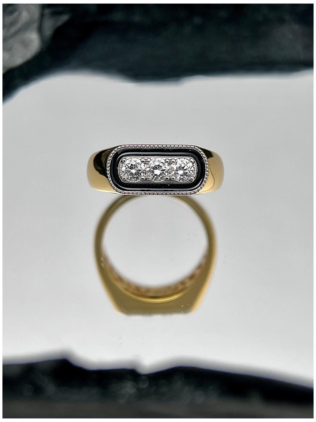 Car Headlight-inspired Ring, 3-stone Black Enamel Ring, Anniversary ...