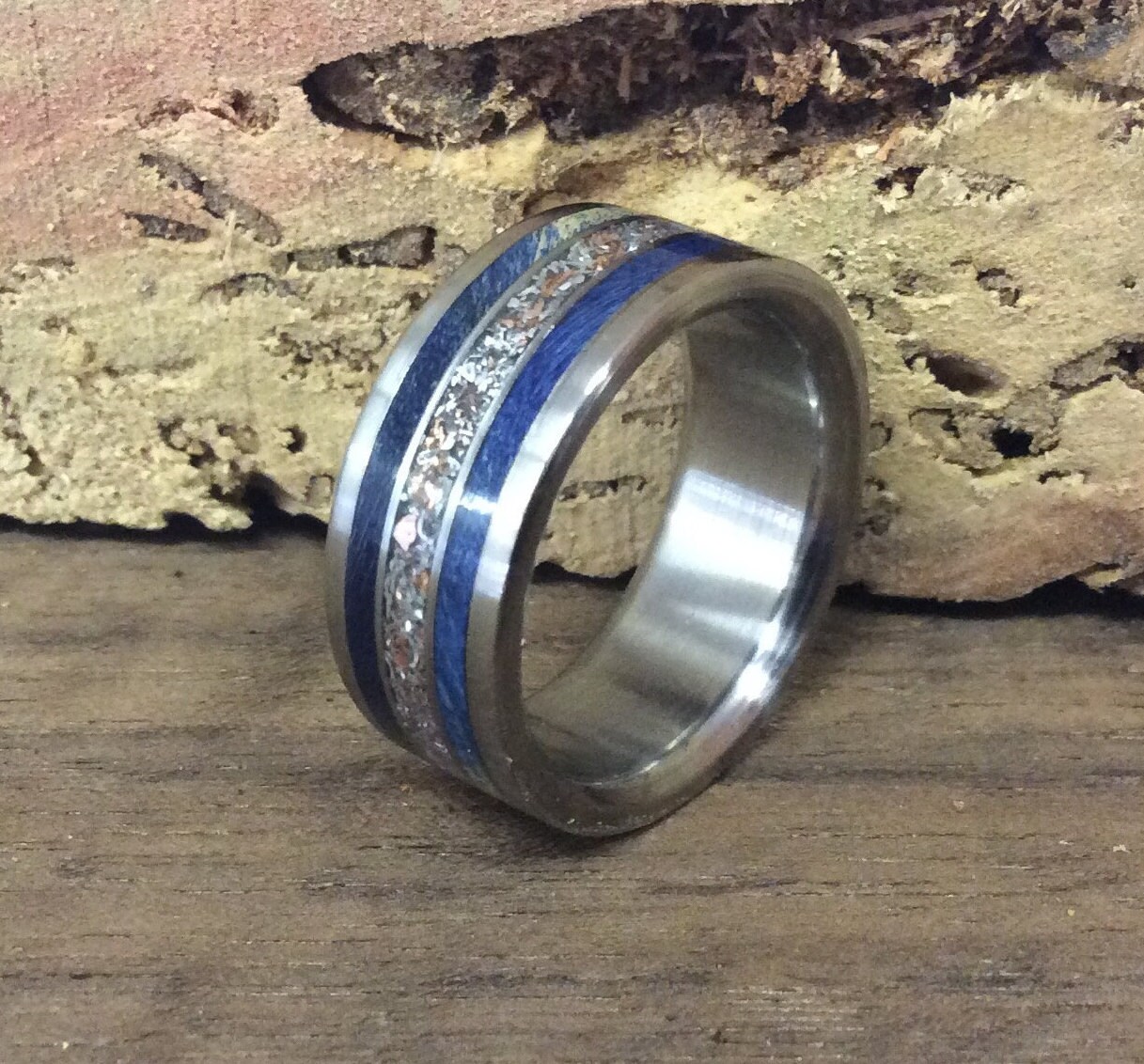 Unique Recycled Metals Ring With Blue Wood - Men's Titanium Wedding ...