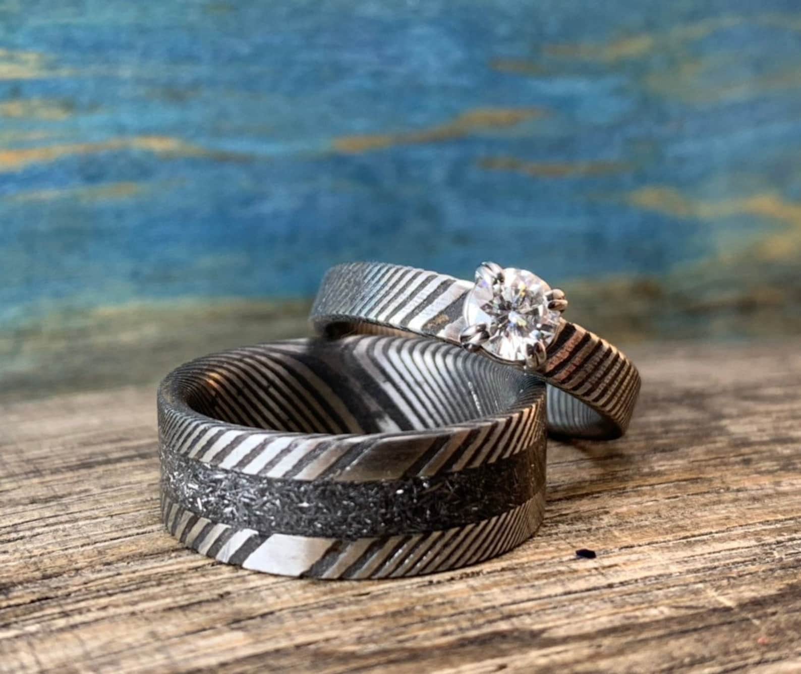 Damascus Steel Rings - His and Hers Matching Ring Set - Damascus Steel ...