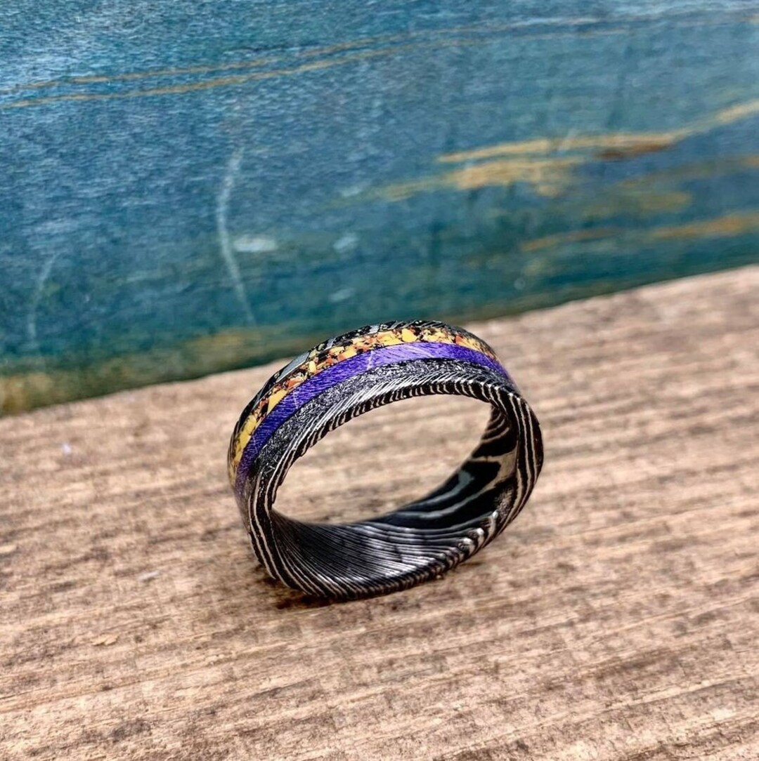 Damascus Steel Ring With Dinosaur Bone, Meteorite and Purple Box Elder ...