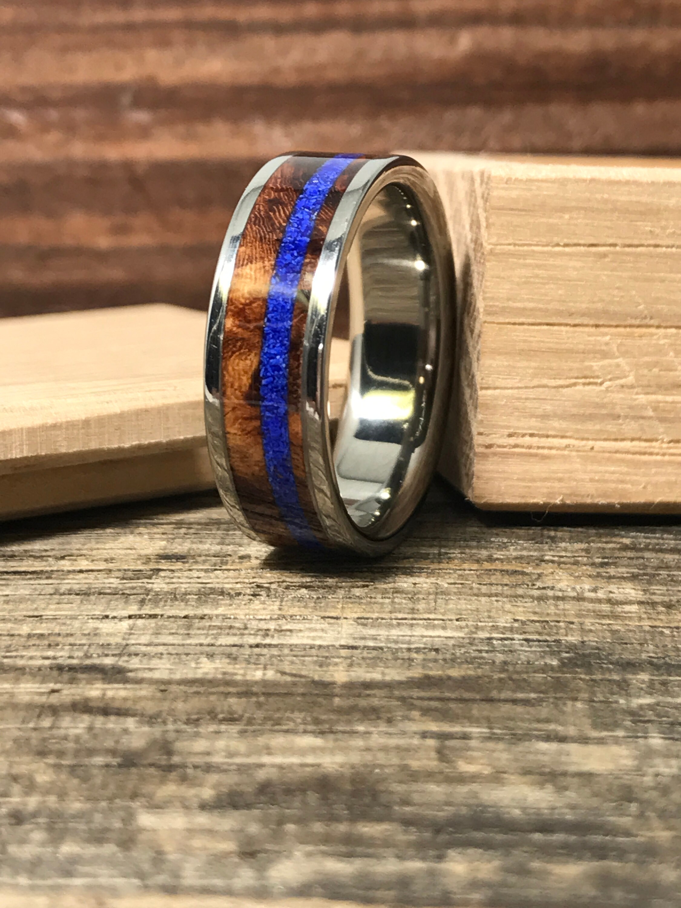 Titanium Ring with Amboyna Burl and Lapis Lazuli Men's | Etsy