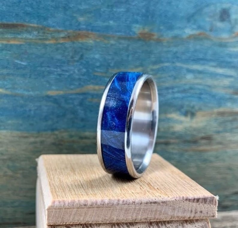 Titanium Ring With Blue Wood Inlay - Mens Wedding Ring - Blue Wedding ...