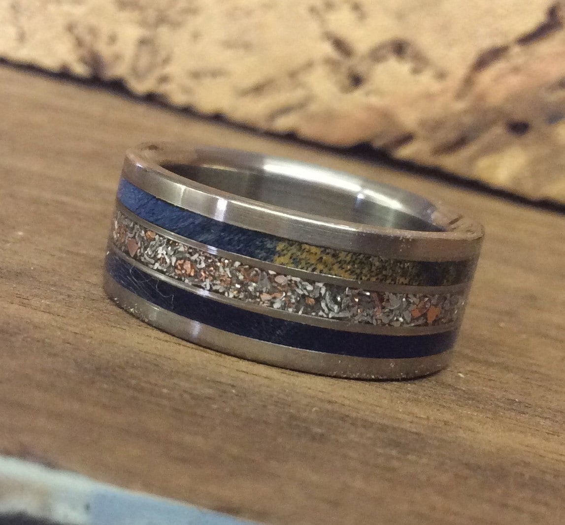 Unique Recycled Metals Ring With Blue Wood - Men's Titanium Wedding ...