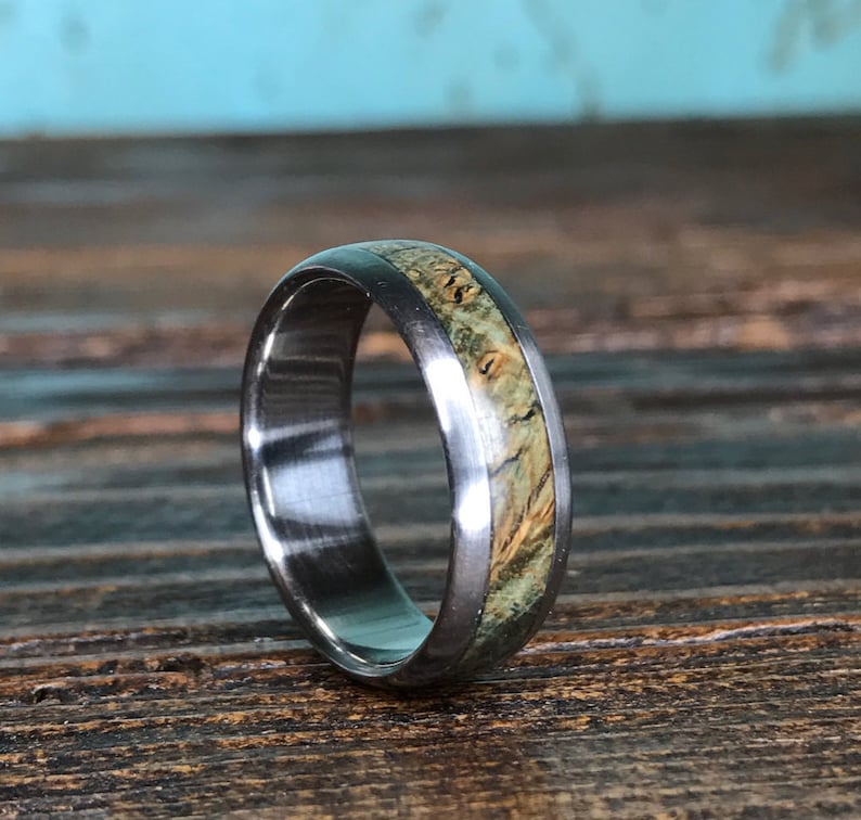 Men's Wedding Band - Custom Titanium Ring With Black Ash Burl Wood ...