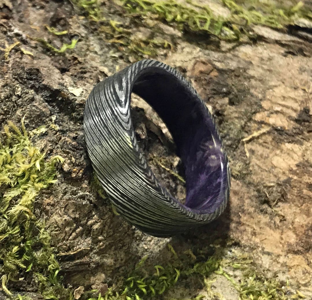 Damascus Steel Mens Ring - Damascus Steel and Purple Box Elder Wood ...