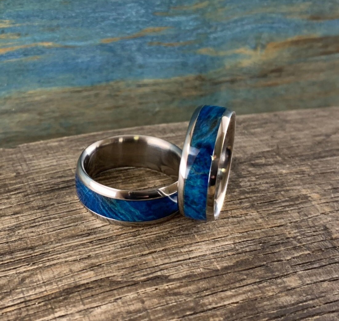 His and Hers Wedding Band Set Titanium Rings with Blue Box | Etsy