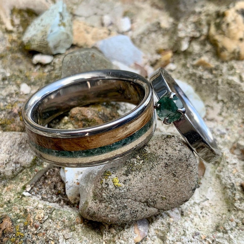 Moss Agate Engagement Ring With Matching Druid Wedding Band - Etsy
