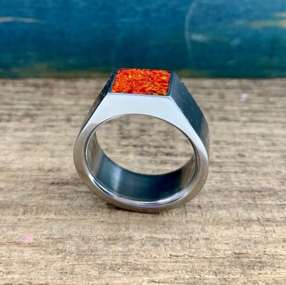 Men's Signet Ring Titanium Men's Ring With Red Opal | Etsy