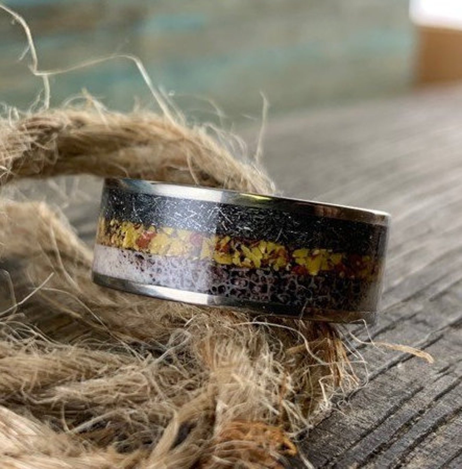 Titanium Ring Inlaid With Meteorite Dinosaur Bone And Deer | Etsy