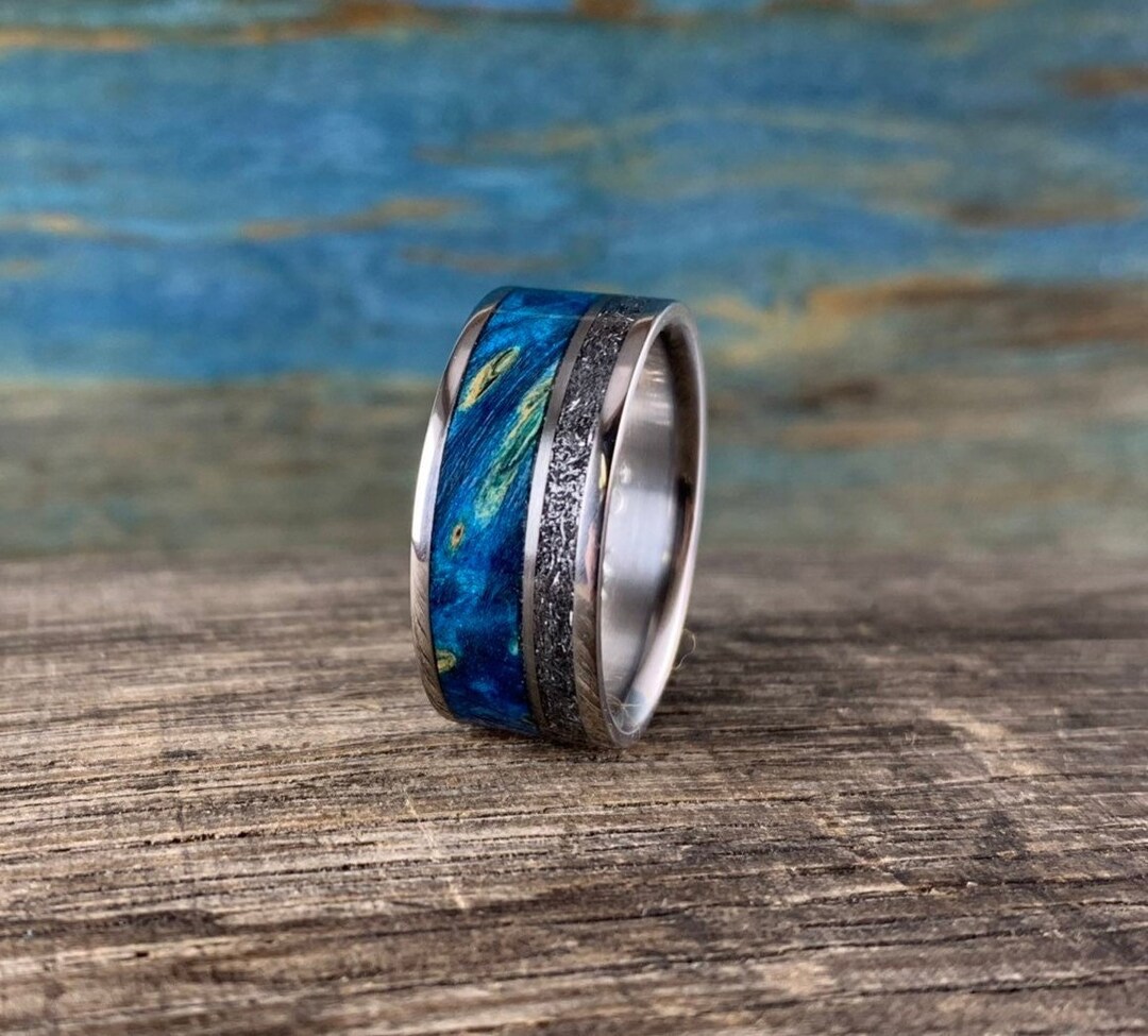 Meteorite Ring for Men - Titanium Ring With Blue Wood and Gibeon ...
