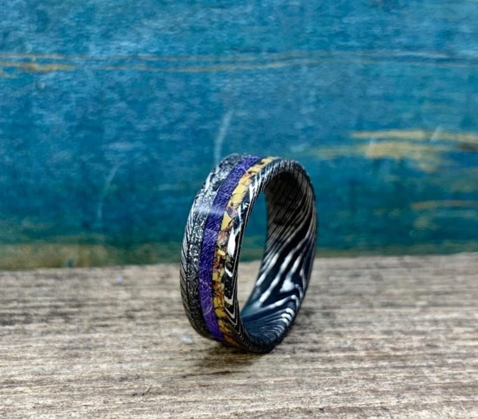 Damascus Steel Ring With Dinosaur Bone Meteorite and Purple - Etsy