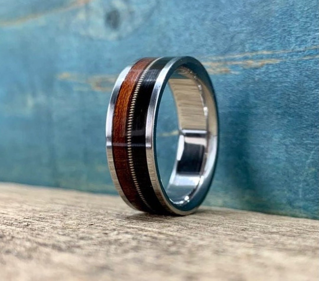 Guitar String Ring Men's Titanium Ring With Rosewood and Ebony Wedding ...