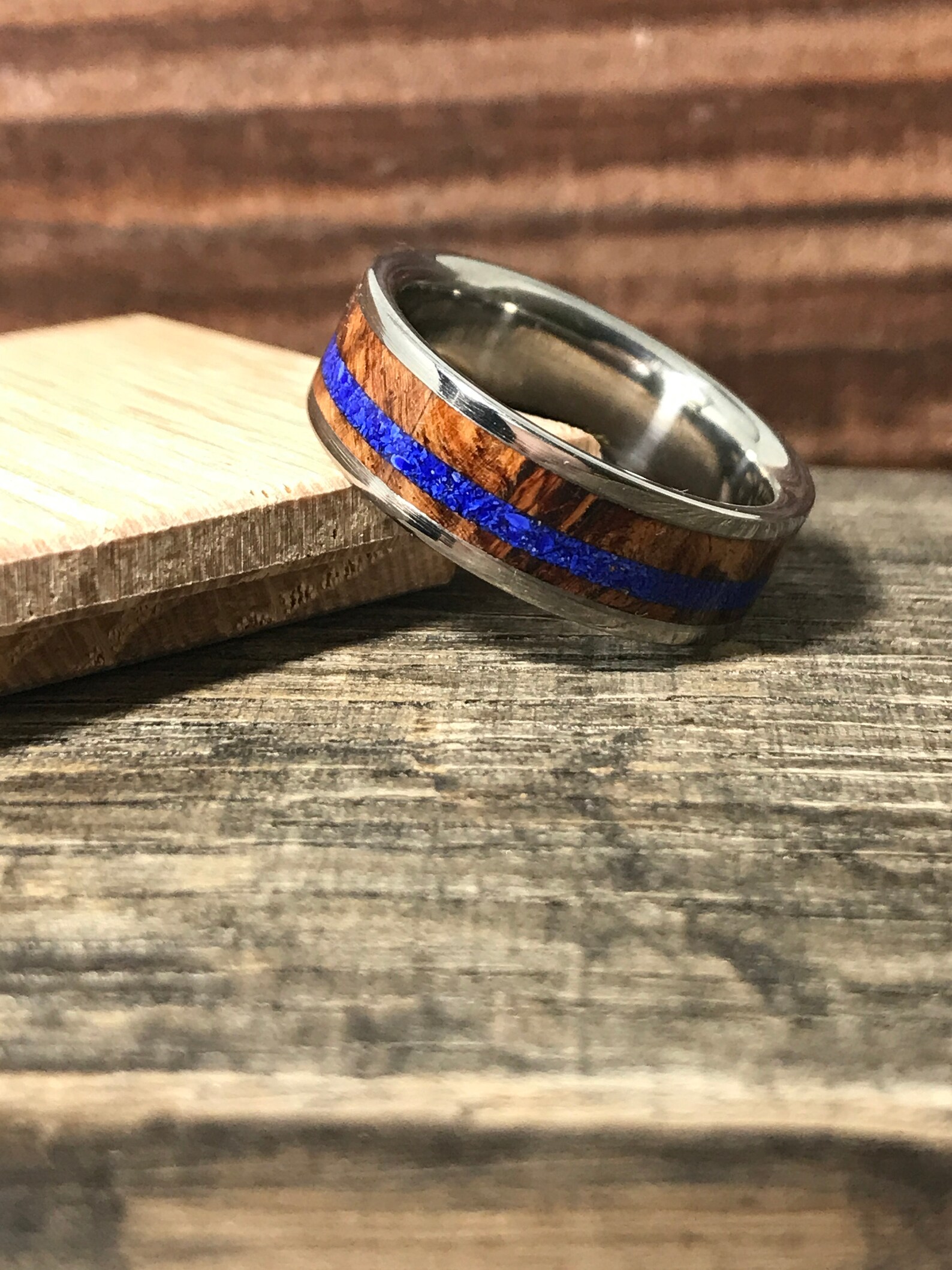 Titanium Ring With Amboyna Burl and Lapis Lazuli Men's | Etsy