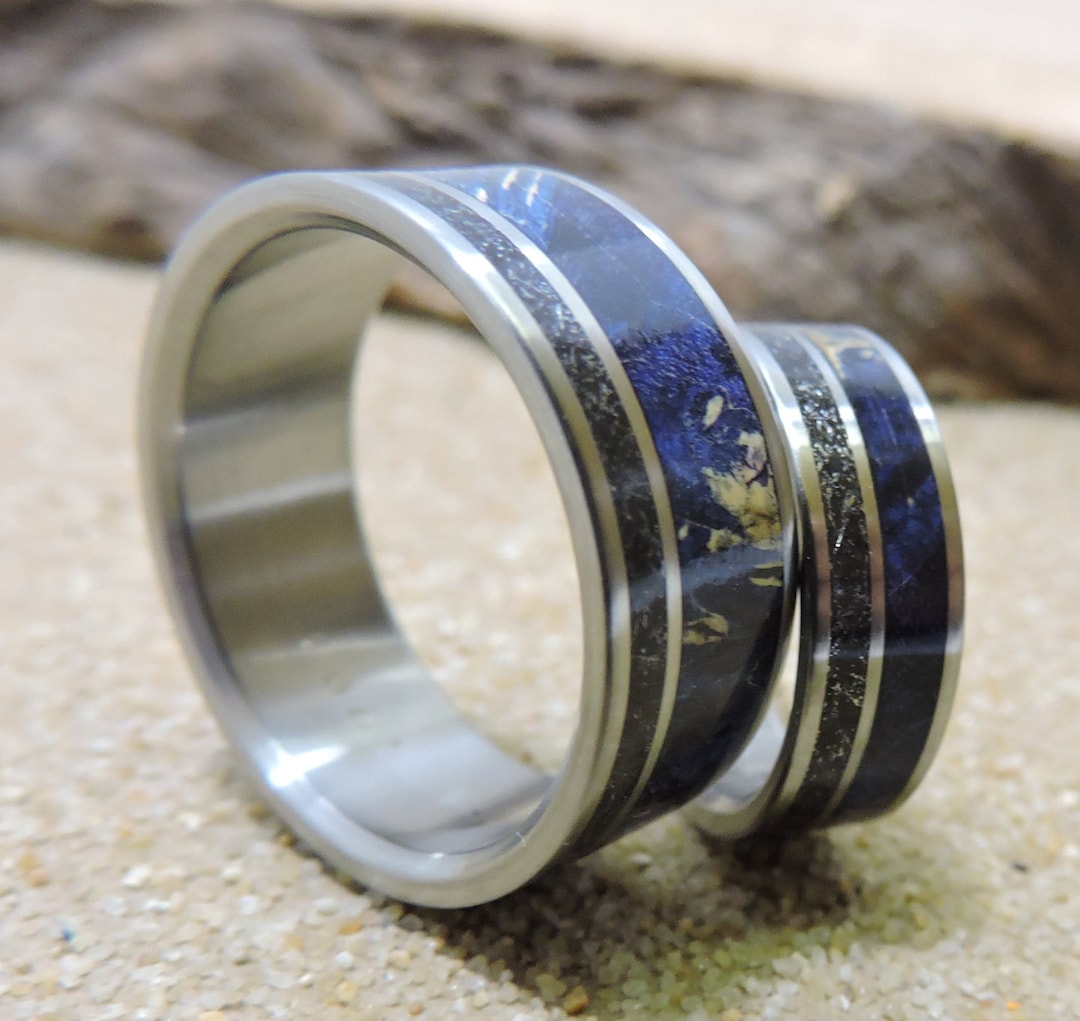 His and Hers Matching Titanium and Whiskey Barrel Wood Rings - Couples ...