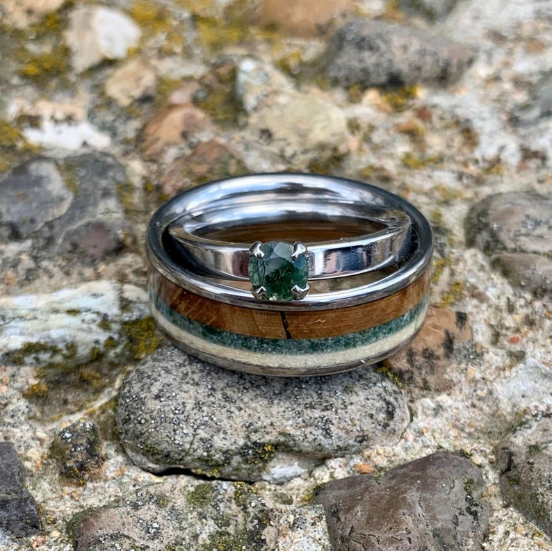 Moss Agate Engagement Ring With Matching Druid Wedding Band - Etsy