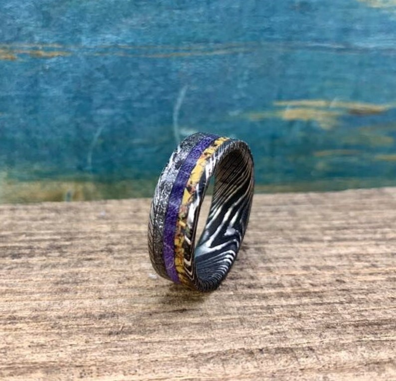 Damascus Steel Ring With Dinosaur Bone, Meteorite and Purple Box Elder ...