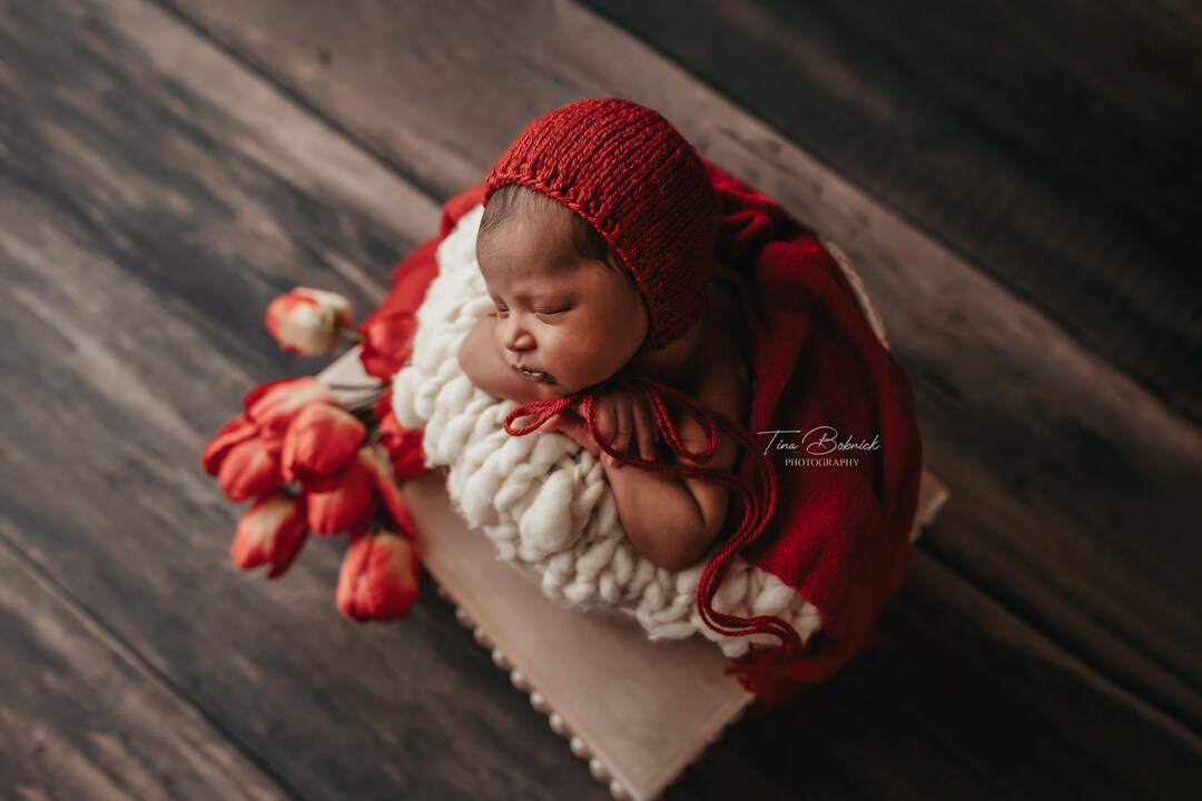 Red Classic Bonnet, Newborn Baby Hat, Hand Knit Crimson Photography ...