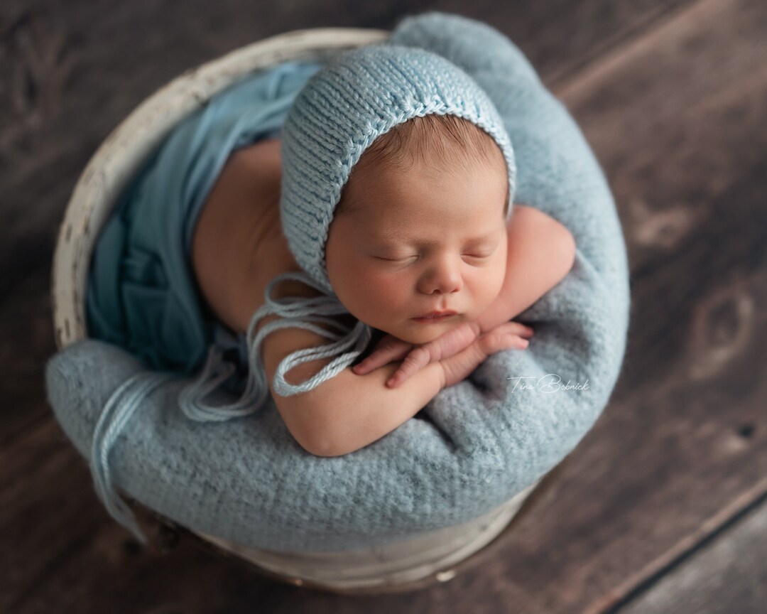 Light Blue Classic Bonnet, Newborn Baby Hat, Hand Knit Photography Prop ...
