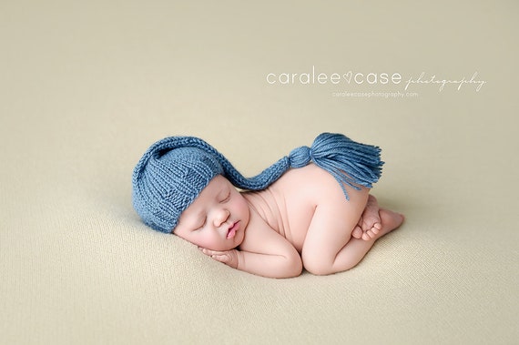 Denim Blue Newborn Tassel Hat Sleepy Baby Stocking Cap long tail elf soft blue newborn baby boy photography prop
