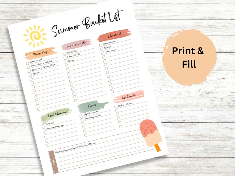 Summer Bucket List Printable | Blank Summer Family Checklist | Summer ...