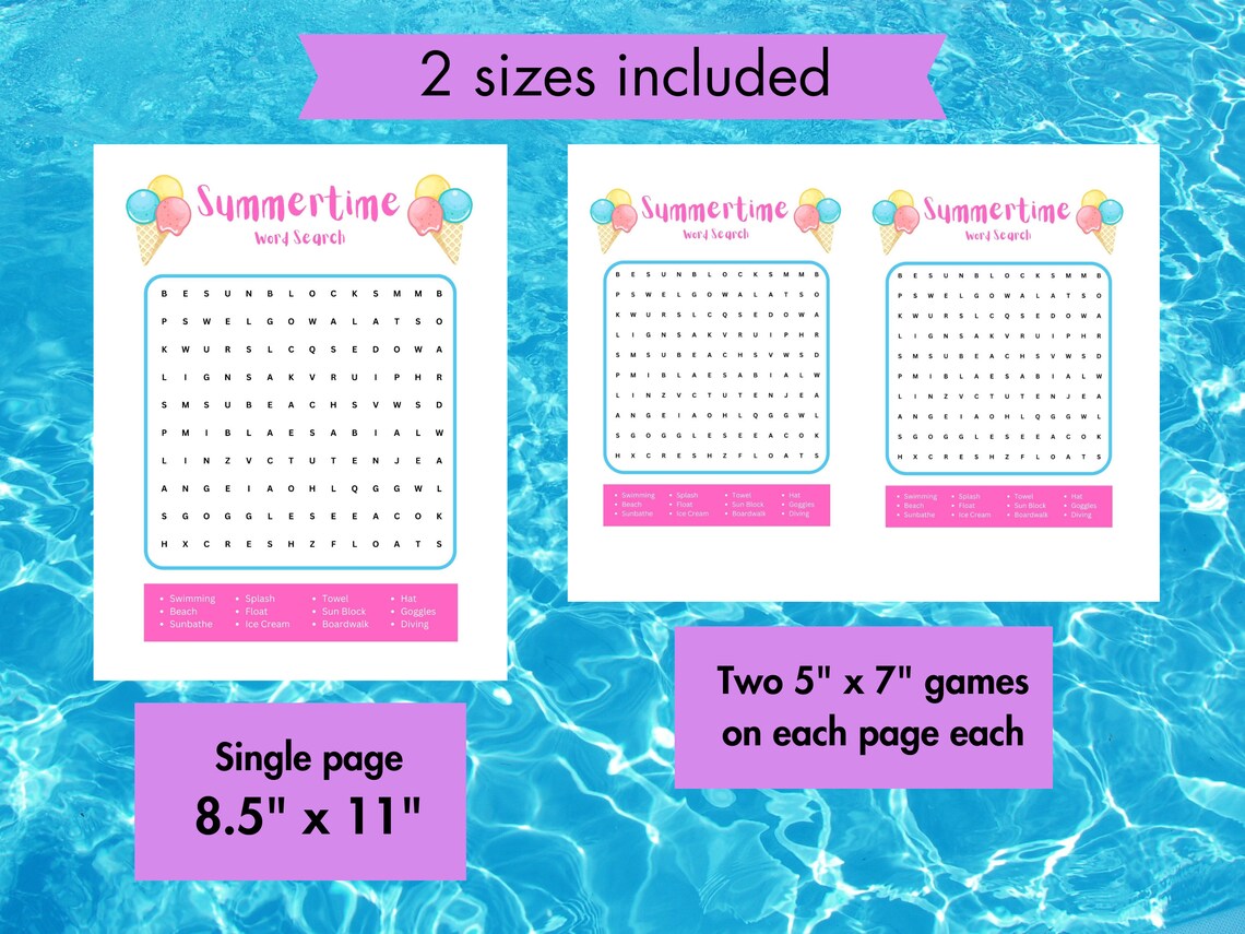 Summer Word Search, Printable Summertime Game, Pool Party Game, Beach ...