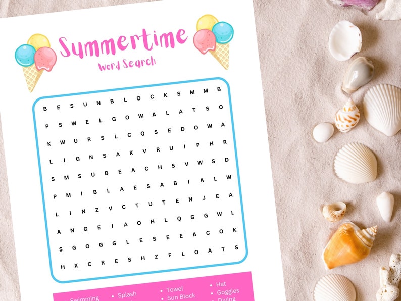 Summer Word Search, Printable Summertime Game, Pool Party Game, Beach ...