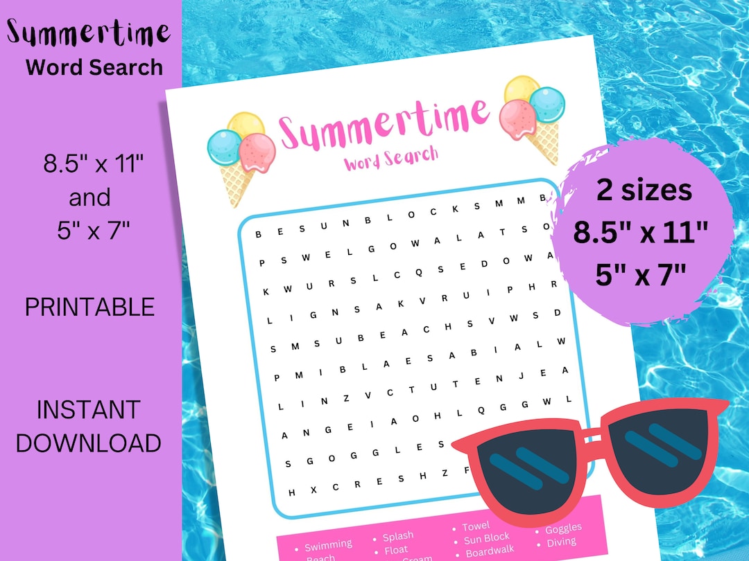 Summer Word Search, Printable Summertime Game, Pool Party Game, Beach ...