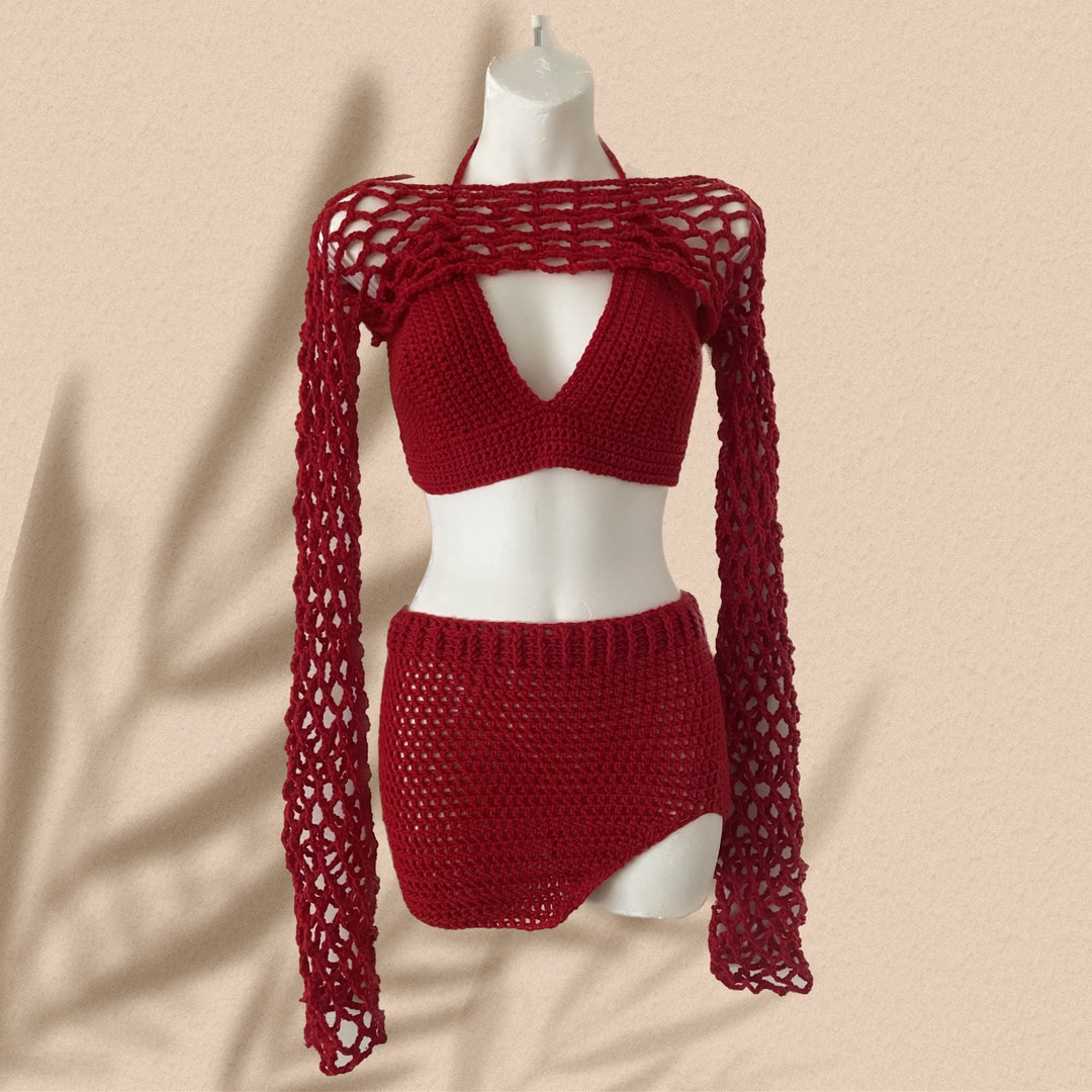 Red Crochet Set (three-piece), Digital Pattern Including Long Shrug ...