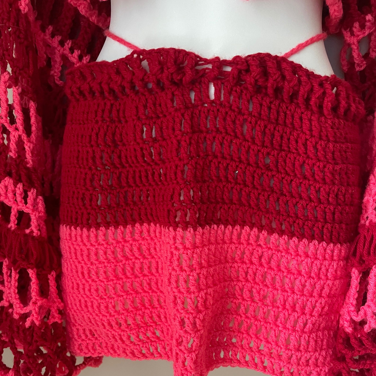 Red Crochet Festival Outfit, Three-piece Set With Flared Shrug Sleeves ...