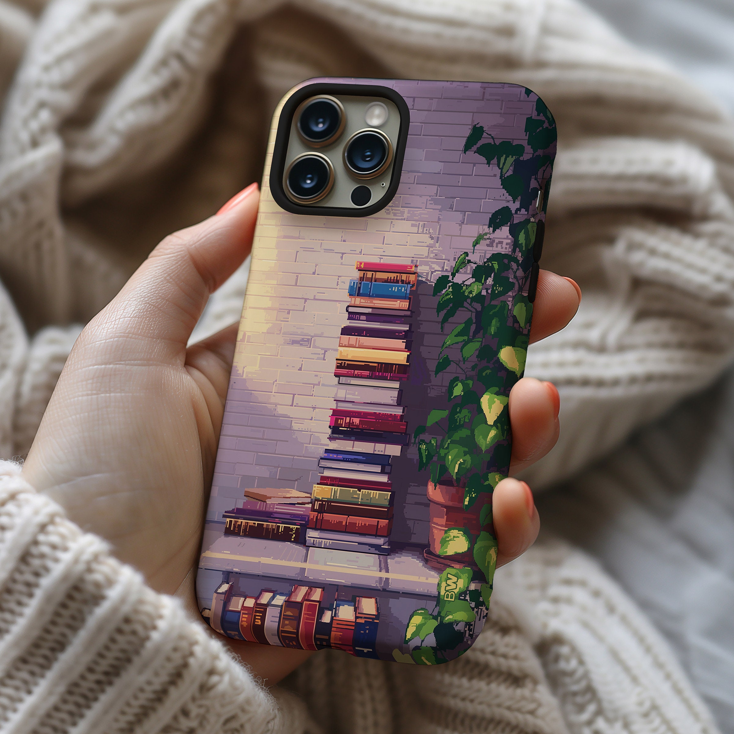 Retro Pixel Art Bookstack Phone Case Gift for Book Lovers for iPhone 15 14 13 12 11 Pro Max X XR ...