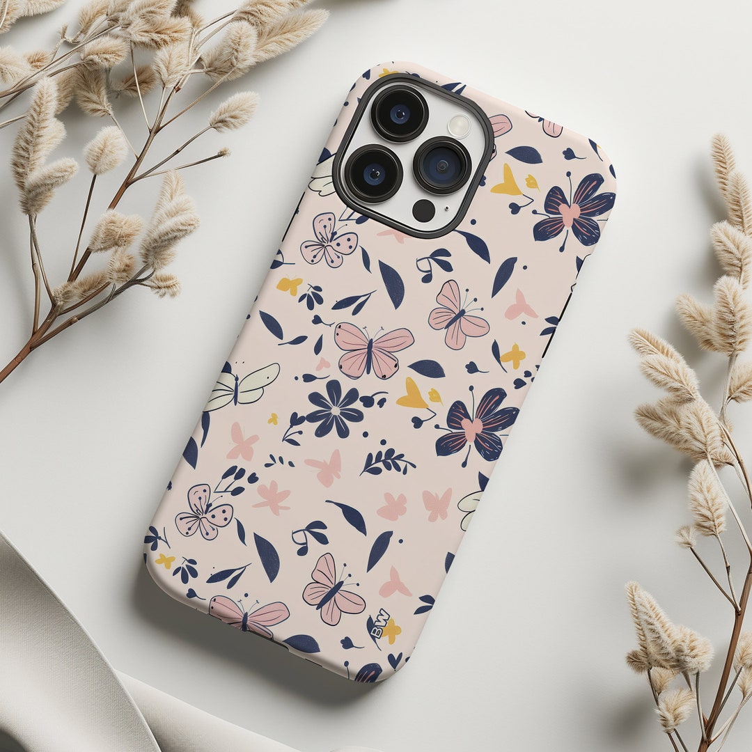 Cute Pink Butterfly Floral Aesthetic Phone Case Cover for iPhone 15 14 ...