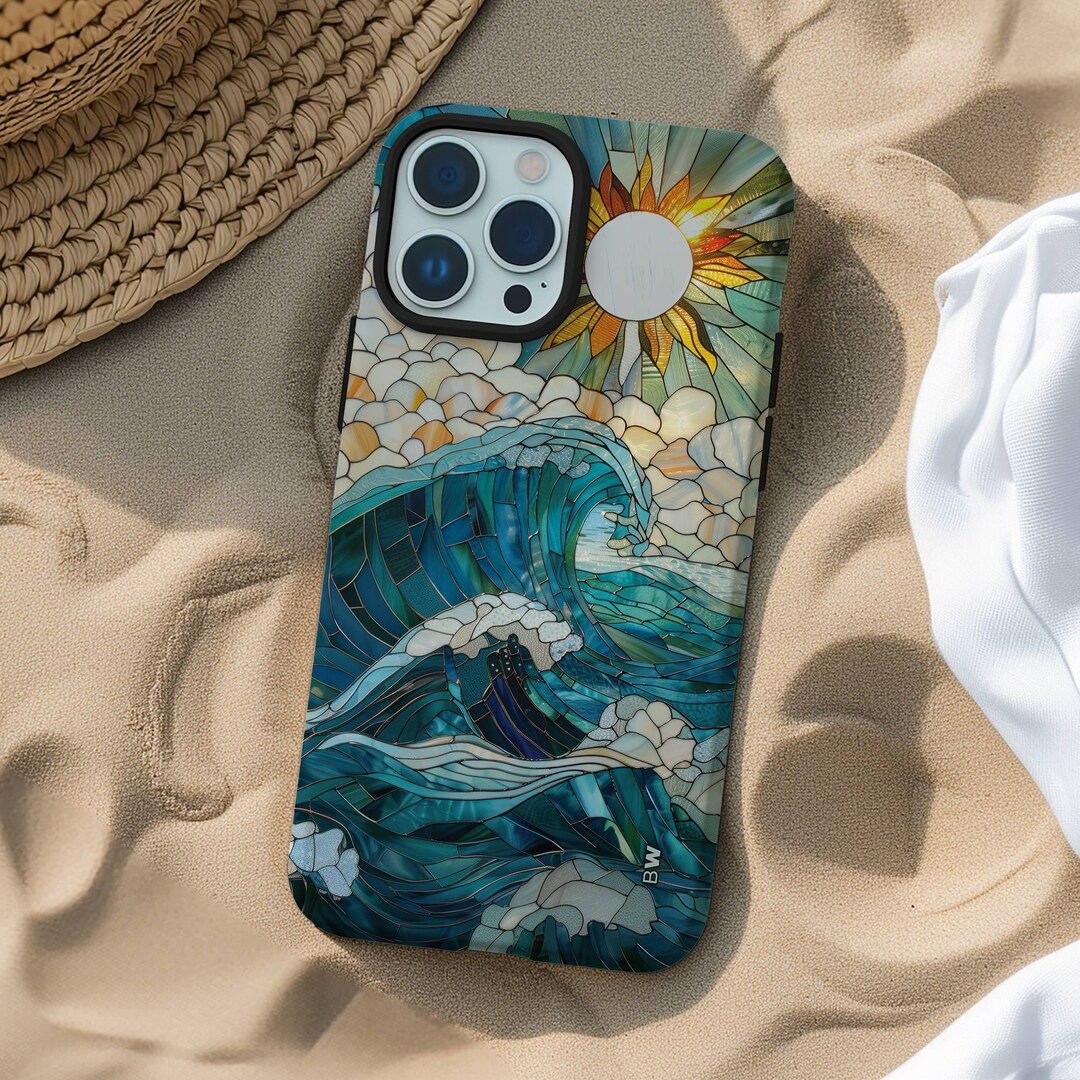 Ocean Waves and Sun Stained Glass Mosaic Phone Case for iPhone 15 14 13 ...