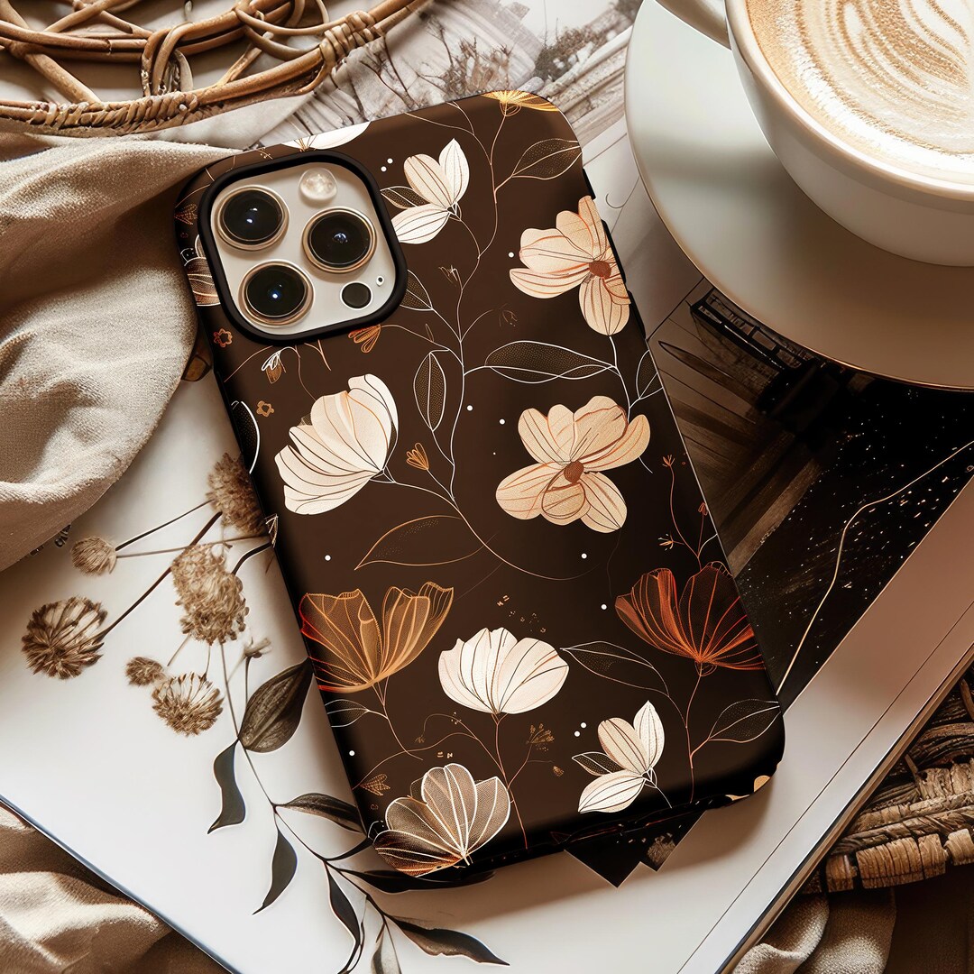 Chocolate Brown Floral Aesthetic Phone Case Cover for iPhone 16 15 14 ...