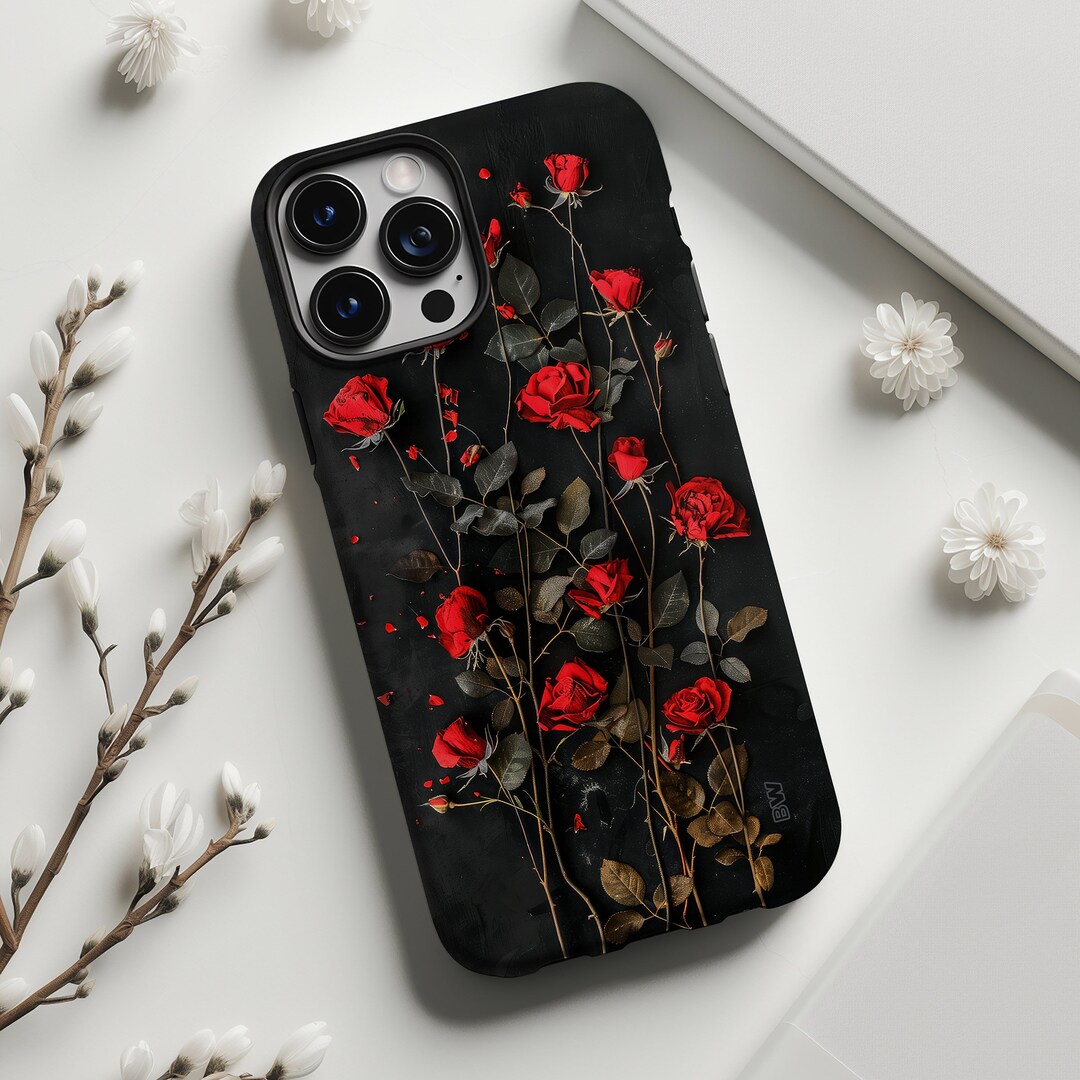 Red Roses on Black Pressed Flower Print Phone Case for iPhone 16 15 14 ...