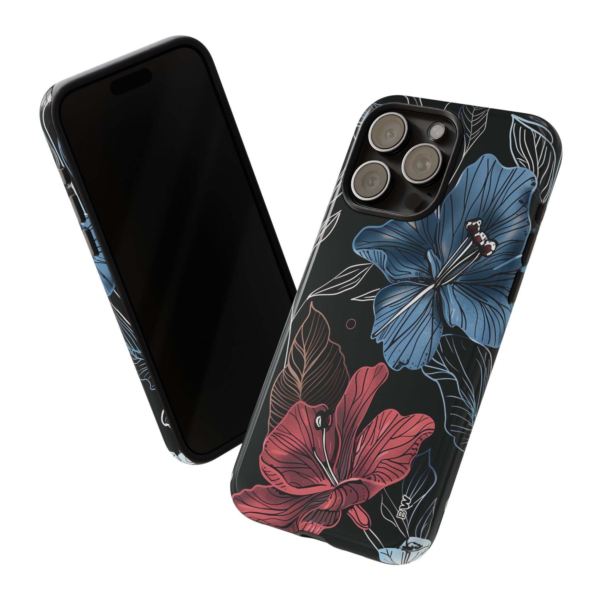 Blue and Red on Black Aesthetic Flower Phone Case for iPhone 15 14 13 ...