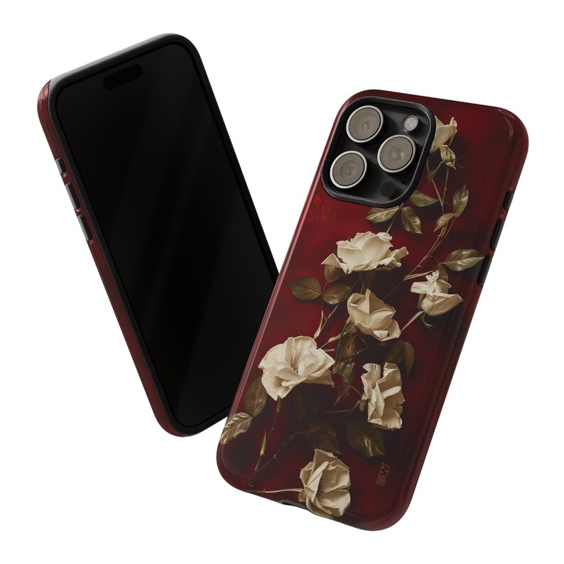 White Roses on Red Pressed Flower Print Phone Case for iPhone 15 14 13 ...