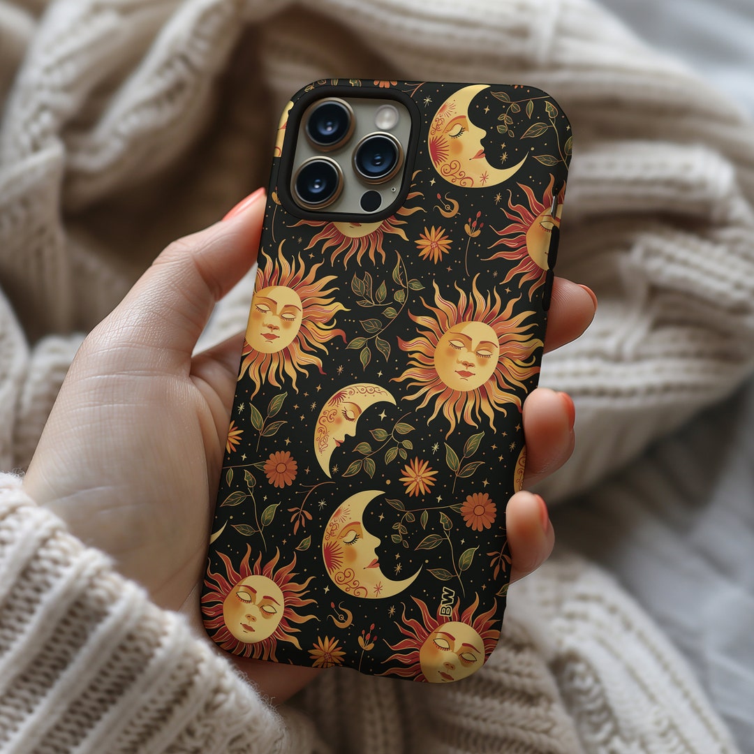 Sun and Moon Leaf Pattern Celestial Star Phone Case for iPhone 16 15 14 ...