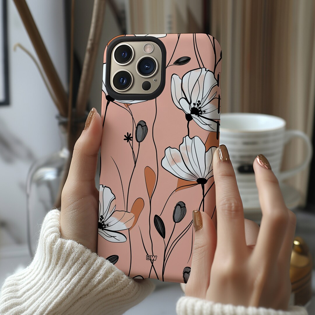 White Flowers on Peach Aesthetic Floral Phone Case for iPhone 8 X XR XS ...