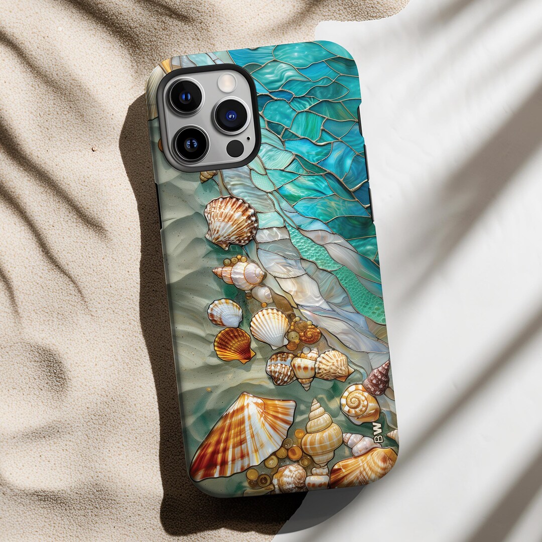 Beach Seashells Stained Glass Aesthetic Phone Case for iPhone 16 15 14 13 12 11 Pro Max X XR XS ...