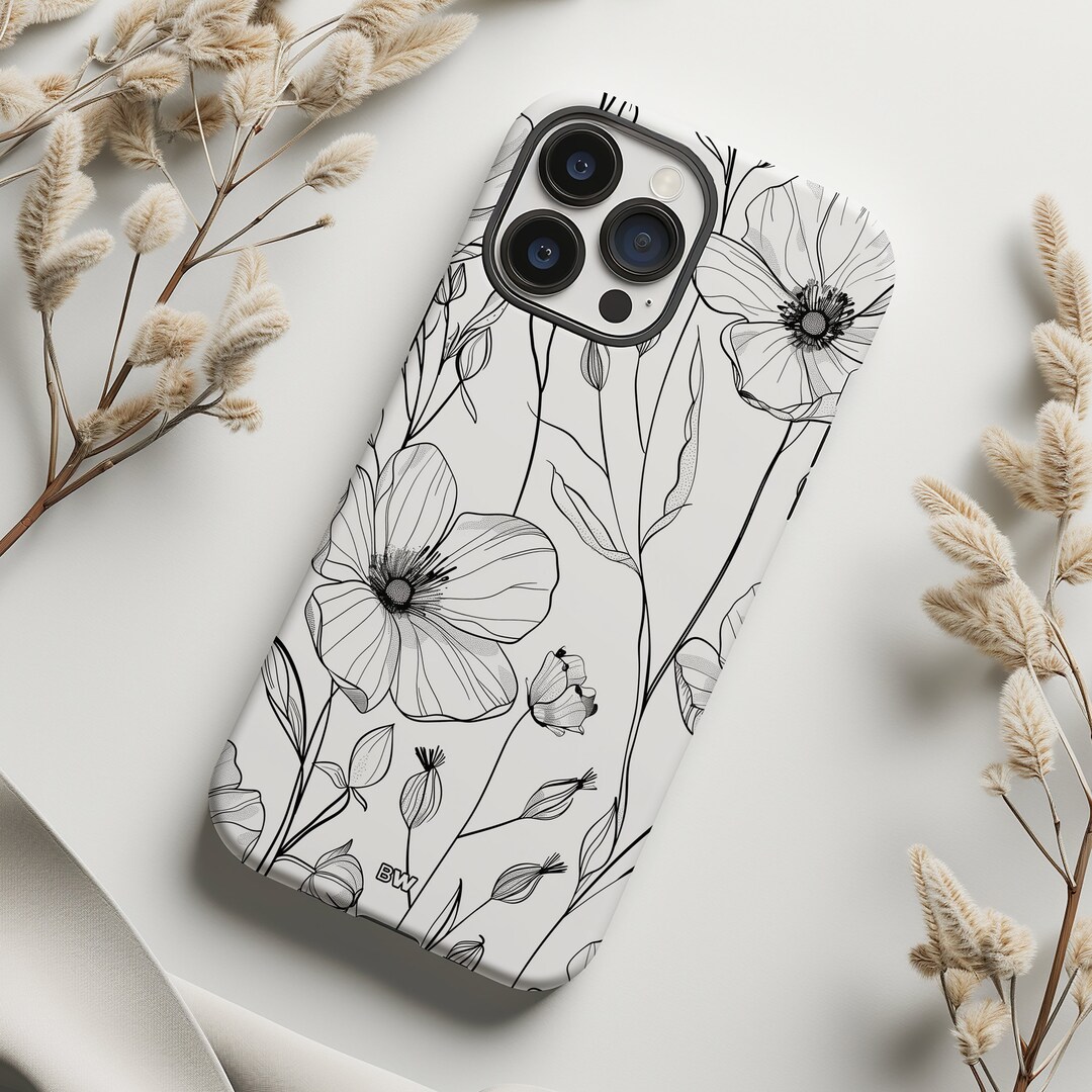 Black and White Floral Aesthetic Phone Case Cover for iPhone 15 14 13 ...