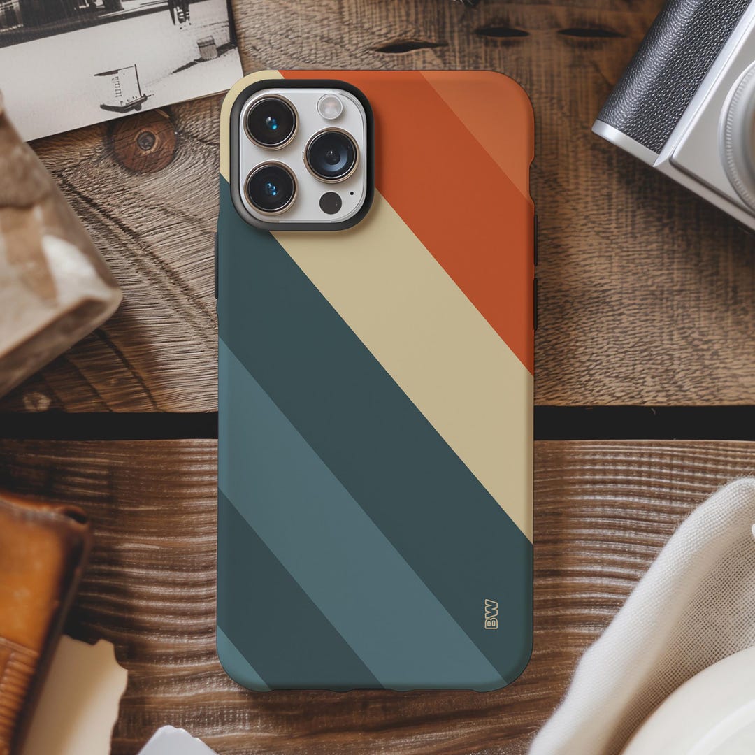 Diagonal Orange and Blue Retro Stripes Phone Case for iPhone 16 15 14 ...