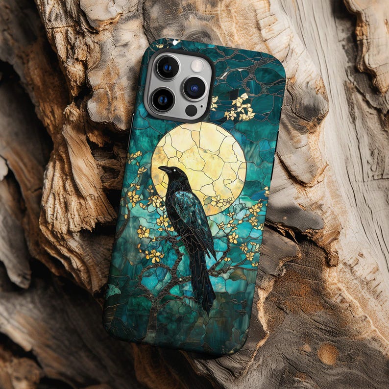 Black Crow and Moon Stained Glass Mosaic Phone Case for iPhone 16 15 14 ...