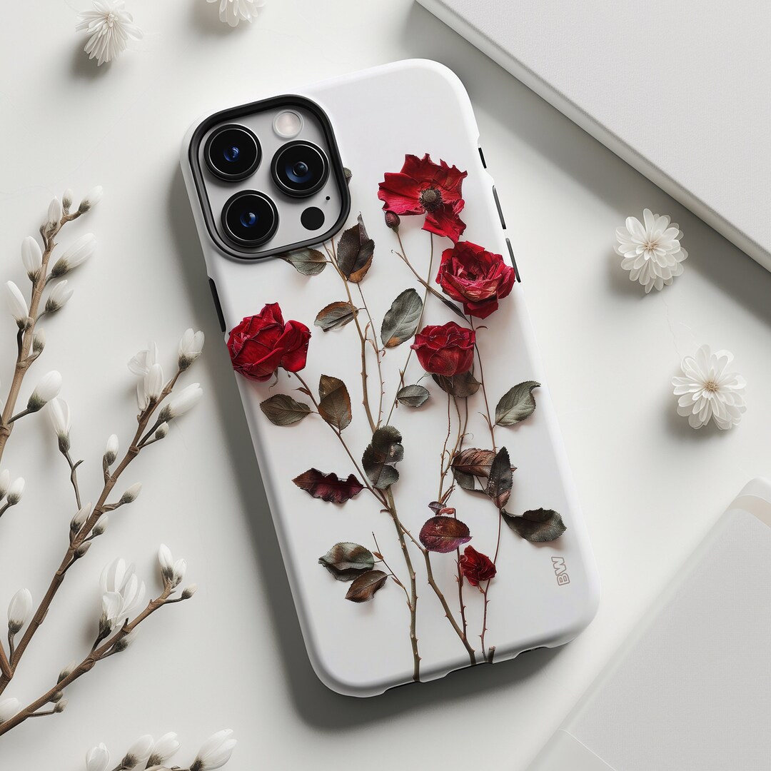 Red Roses on White Pressed Flower Print Phone Case for iPhone 8 X XR XS ...