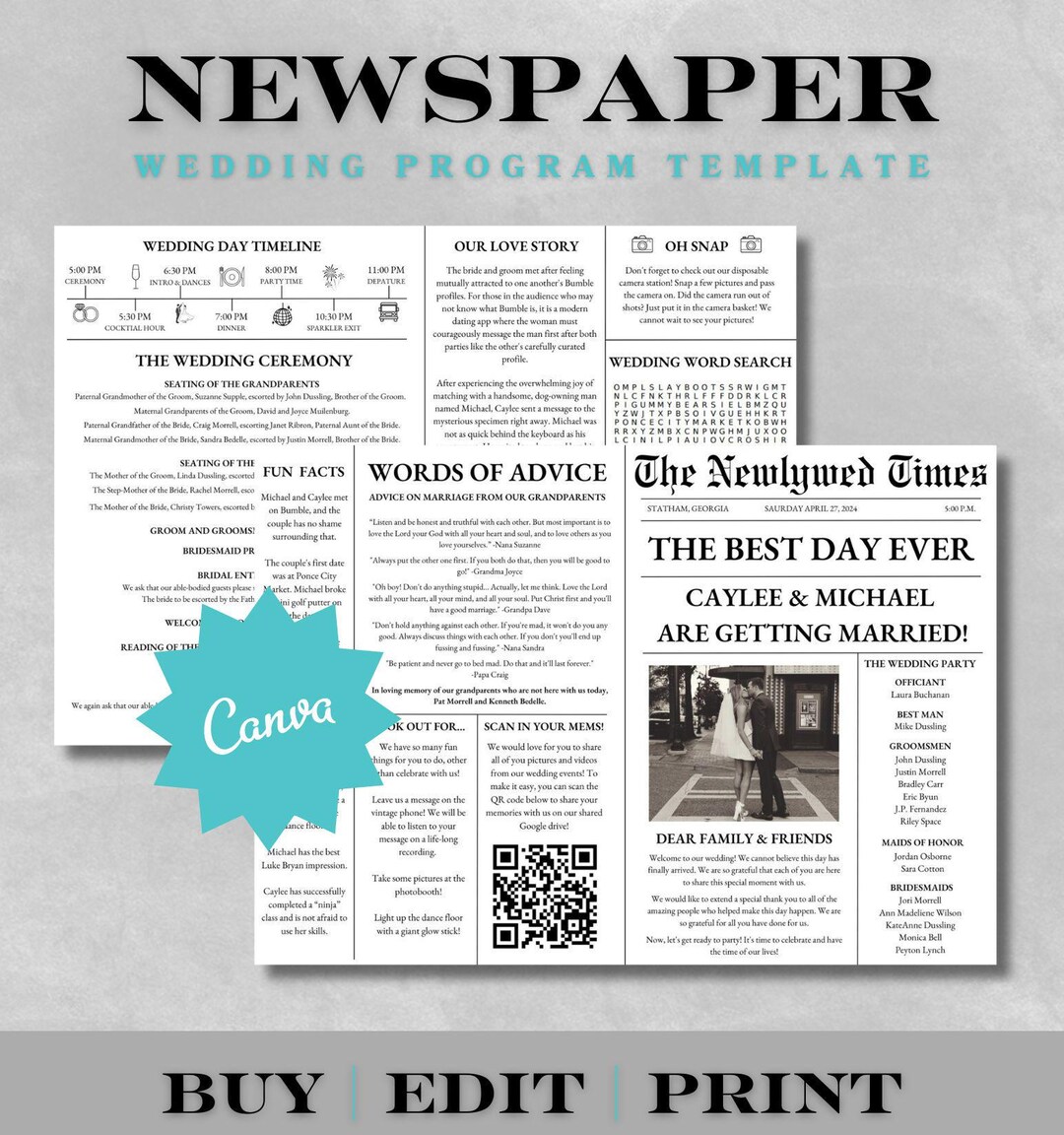 Wedding Program Newspaper Template 10x7 Inch Modern Wedding, Wedding ...
