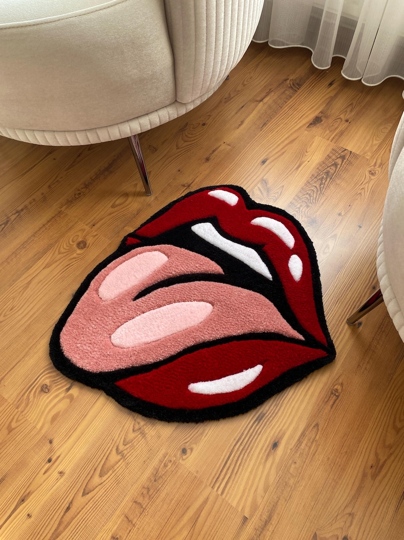 Handmade Sassy Lips Tufted Rug Funky Pop Art Tongue Out Floor Mat Bold ...