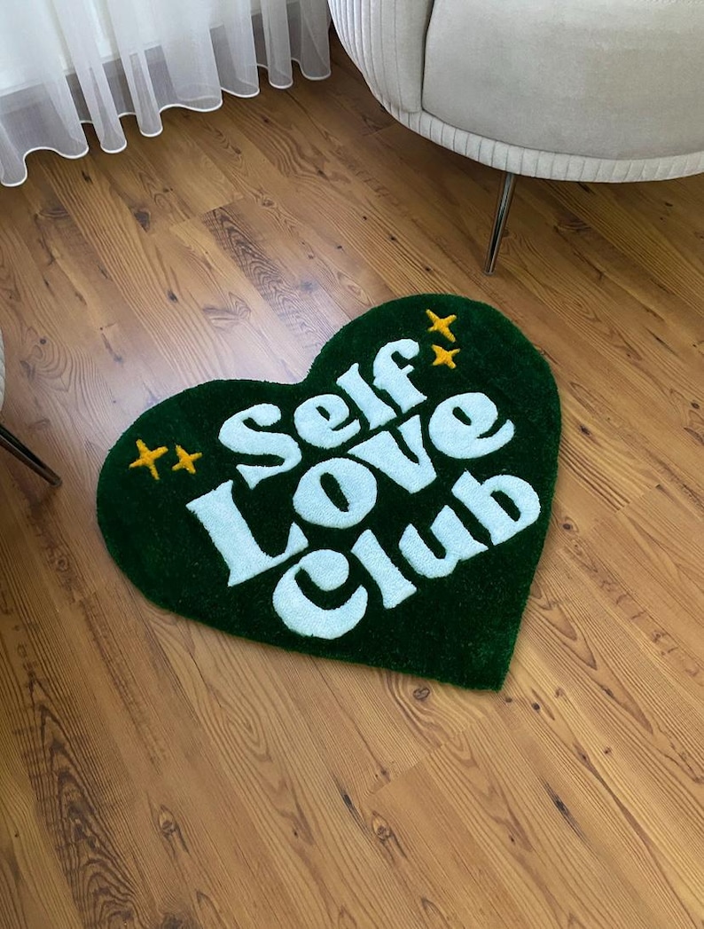 Handmade Tufted Green Heart Rug, Dark Green Self Love Club Rug, Cozy ...